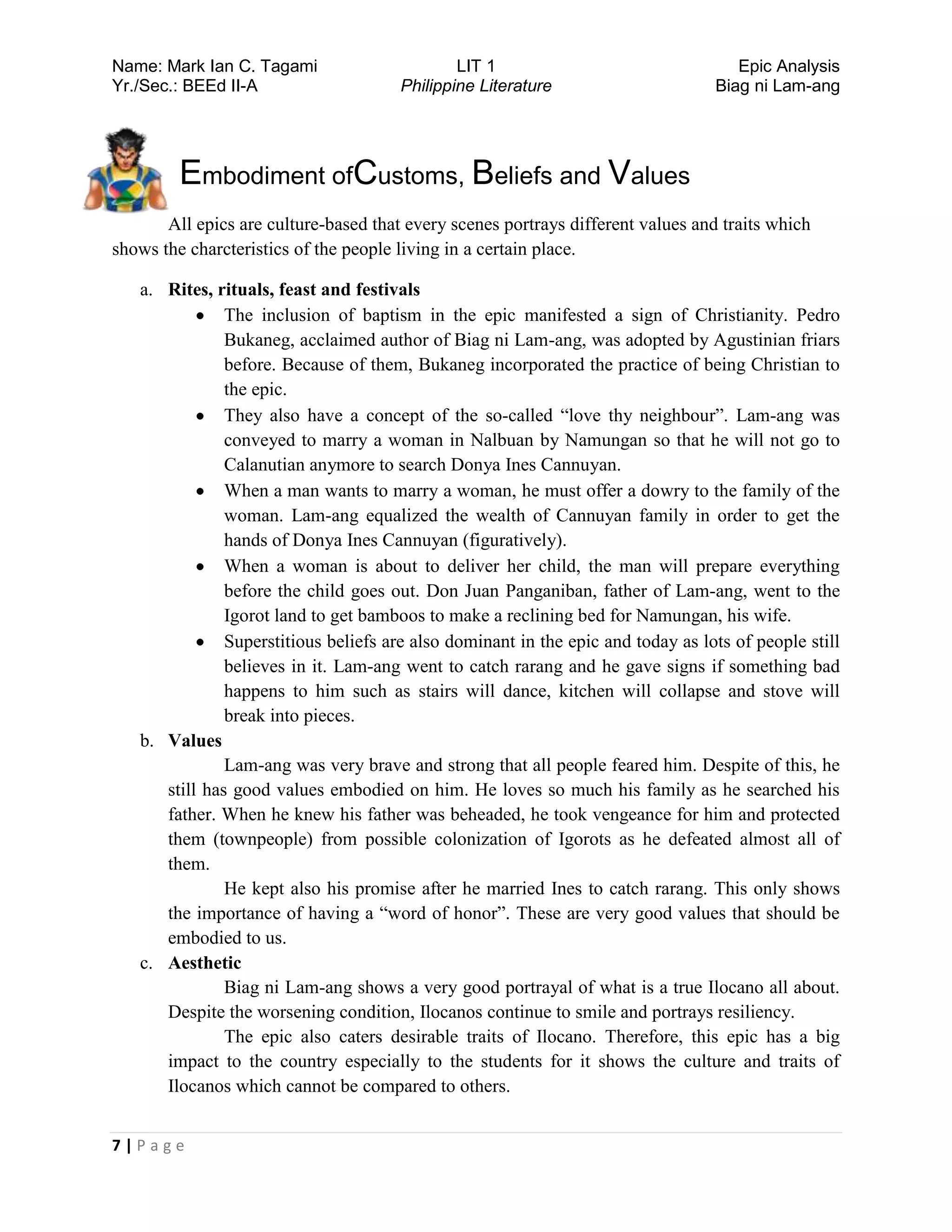 Lit 1 biag ni lam-ang epic analysis | DOCX