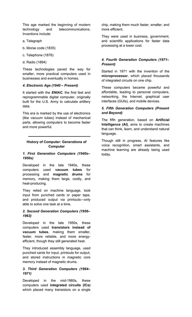 ICT OVERVIEWS AND | HISTORY OF COMPUTERS | DOCX