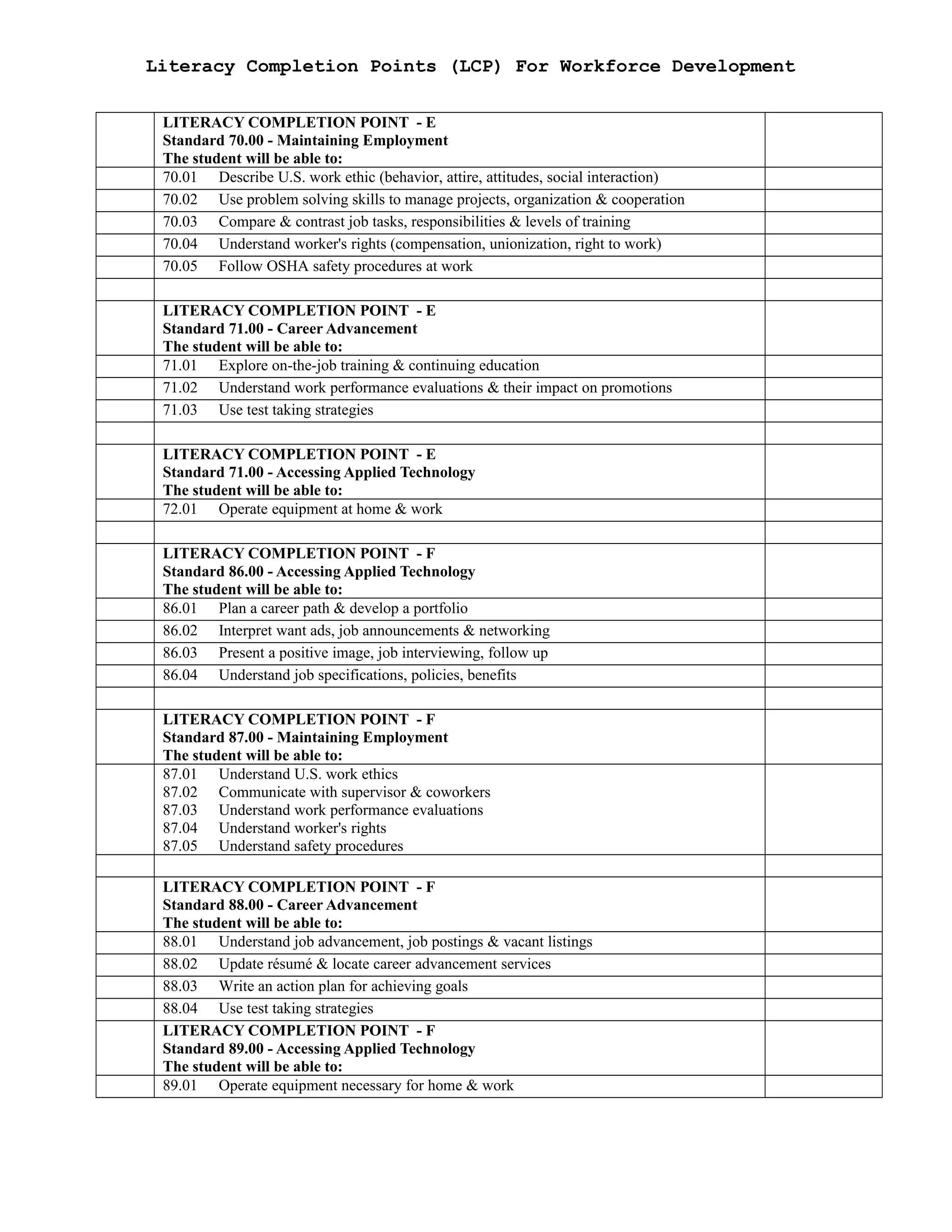 ESOL Literacy completion points B-G for Workforce Skills | PDF