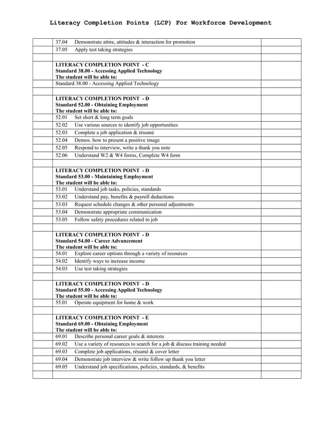 ESOL Literacy completion points B-G for Workforce Skills | PDF