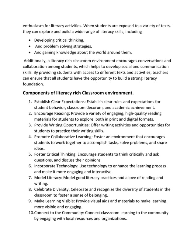literacy rich Classroom Enviroment.docx | Education industry | Industries