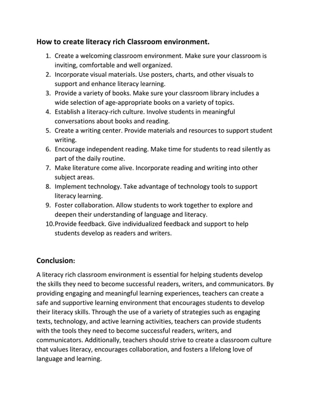 literacy rich Classroom Enviroment.docx | Education industry | Industries