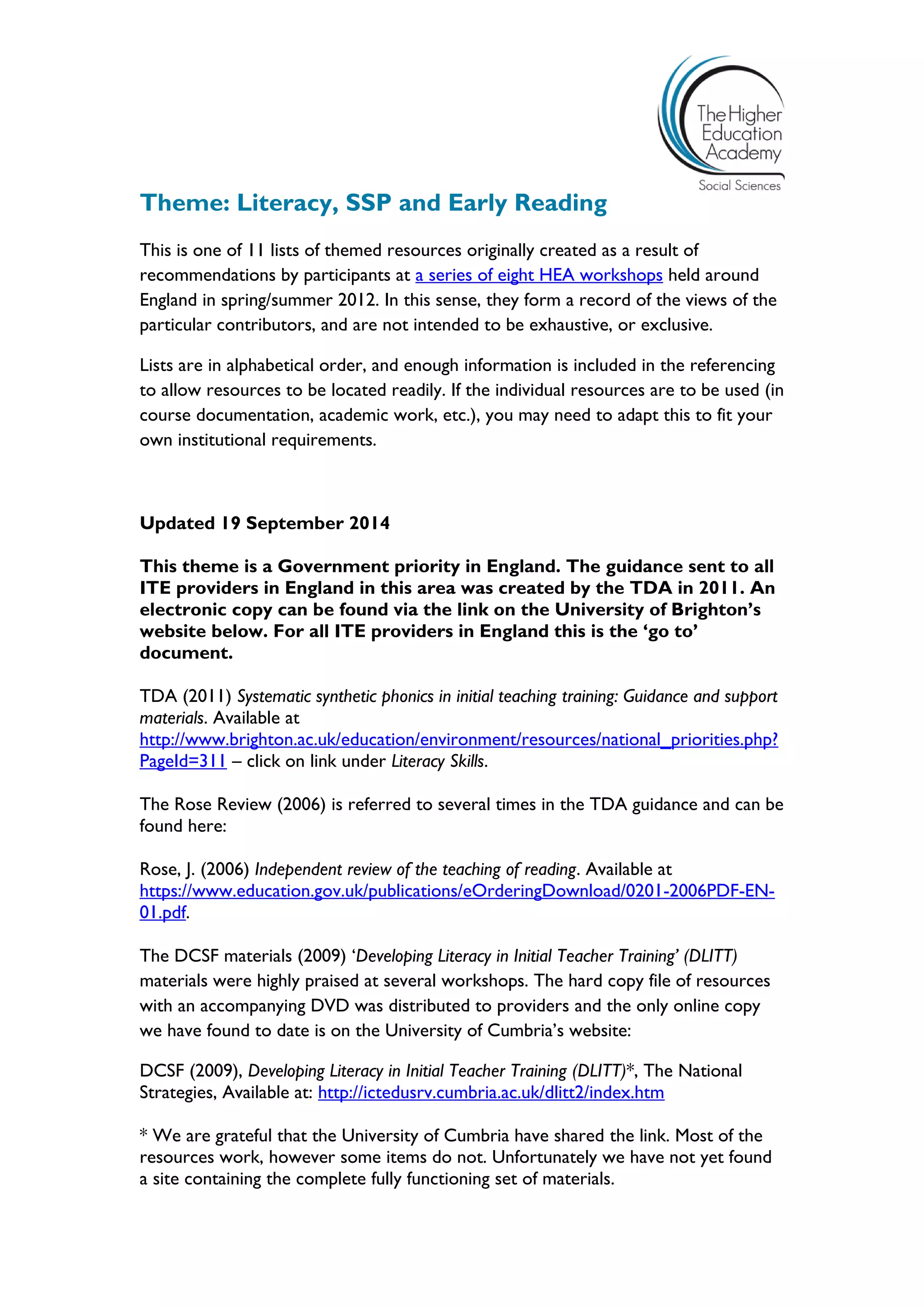 Literacy and SSP Early Reading Initial Teacher Education Resource List ...