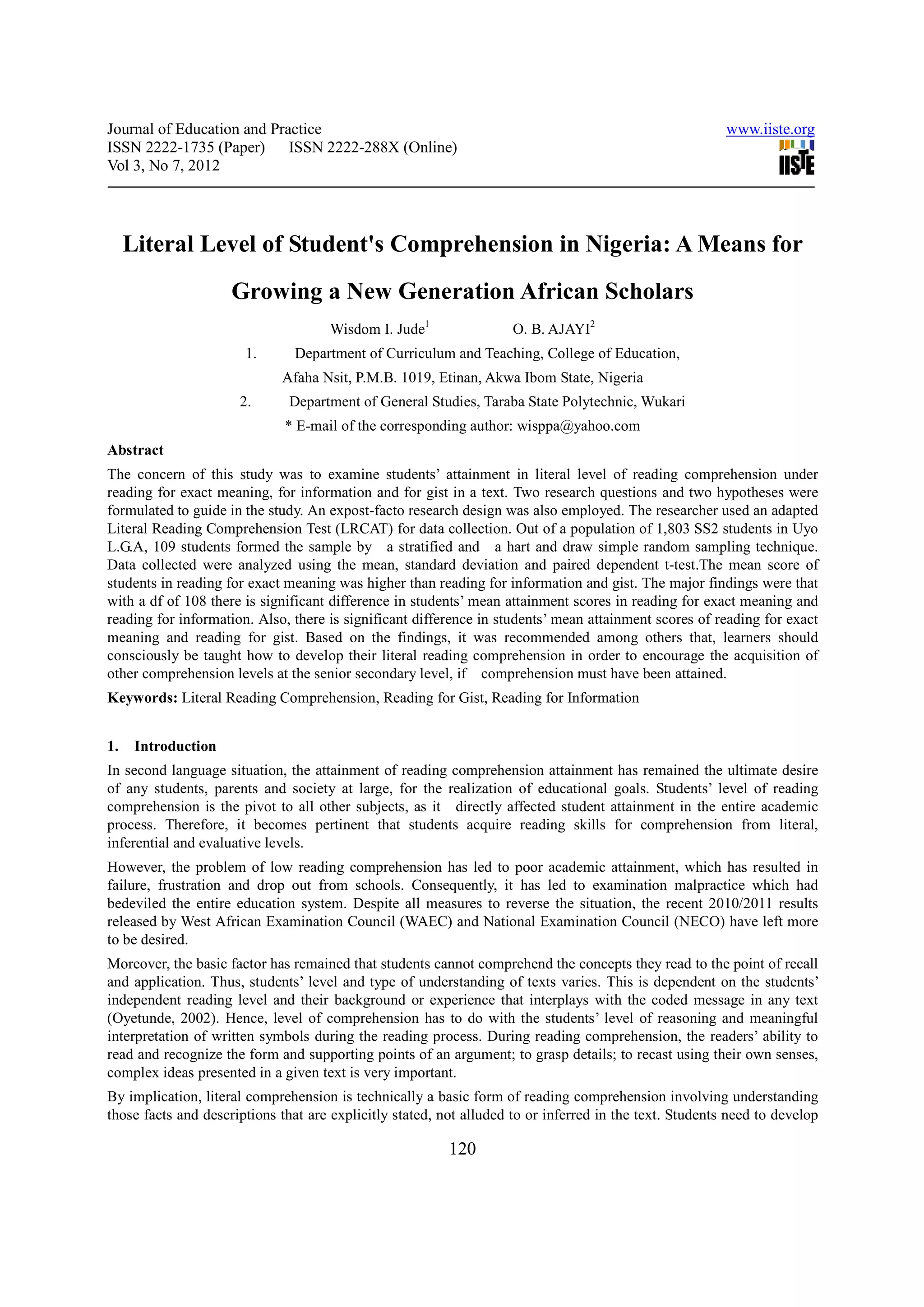 Literal level of student's comprehension in nigeria a means for growing ...
