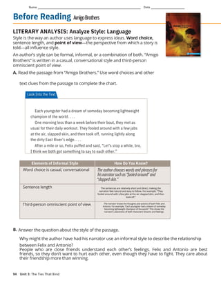 Literary Analysis - Analyze Style - Language- Amigo Brothers- questions ...