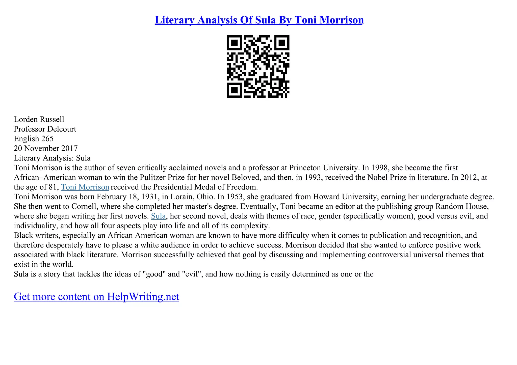 Literary Analysis Of Sula By Toni Morrison | PDF