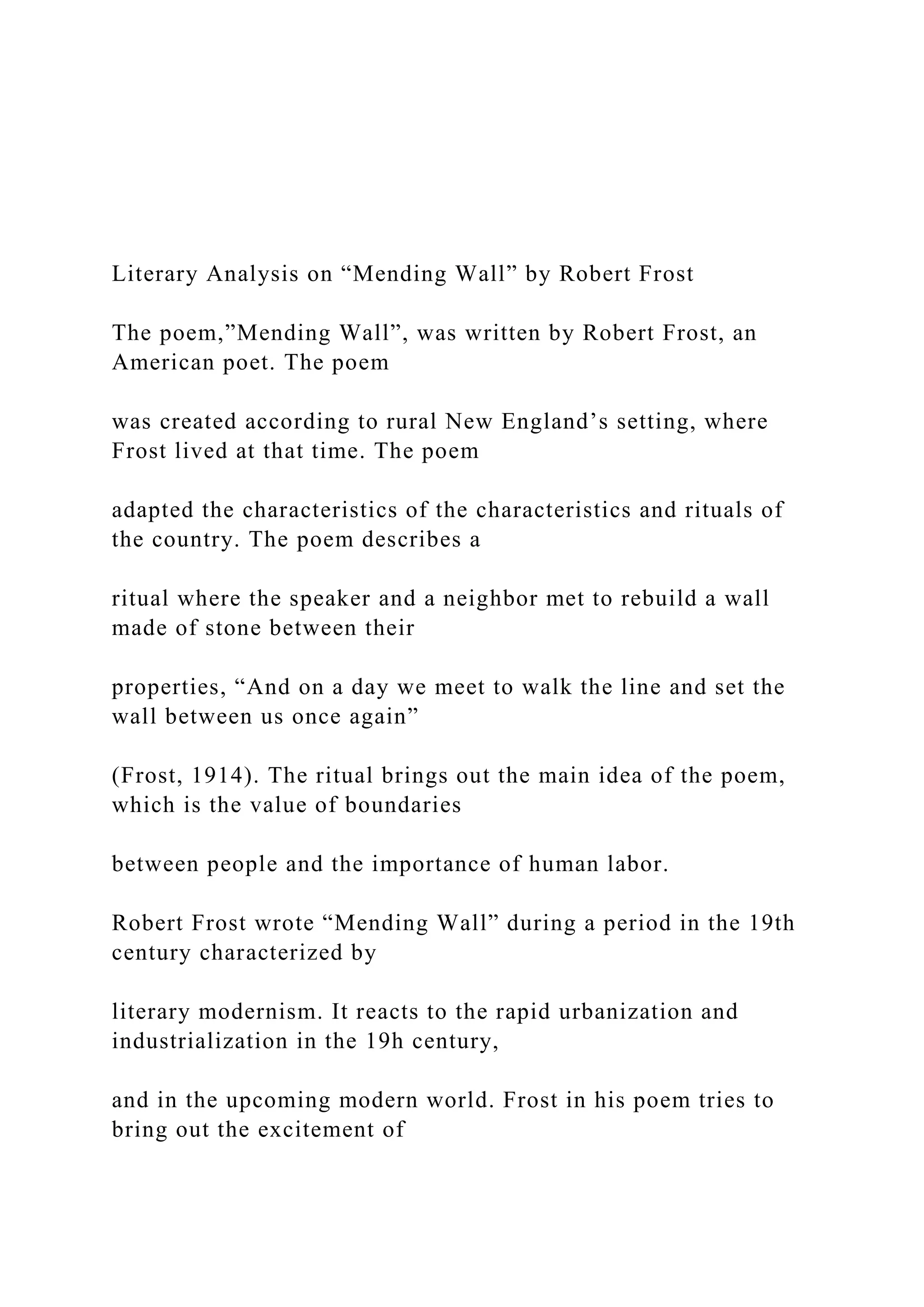 Literary Analysis on Mending Wall” by Robert Frost The .docx