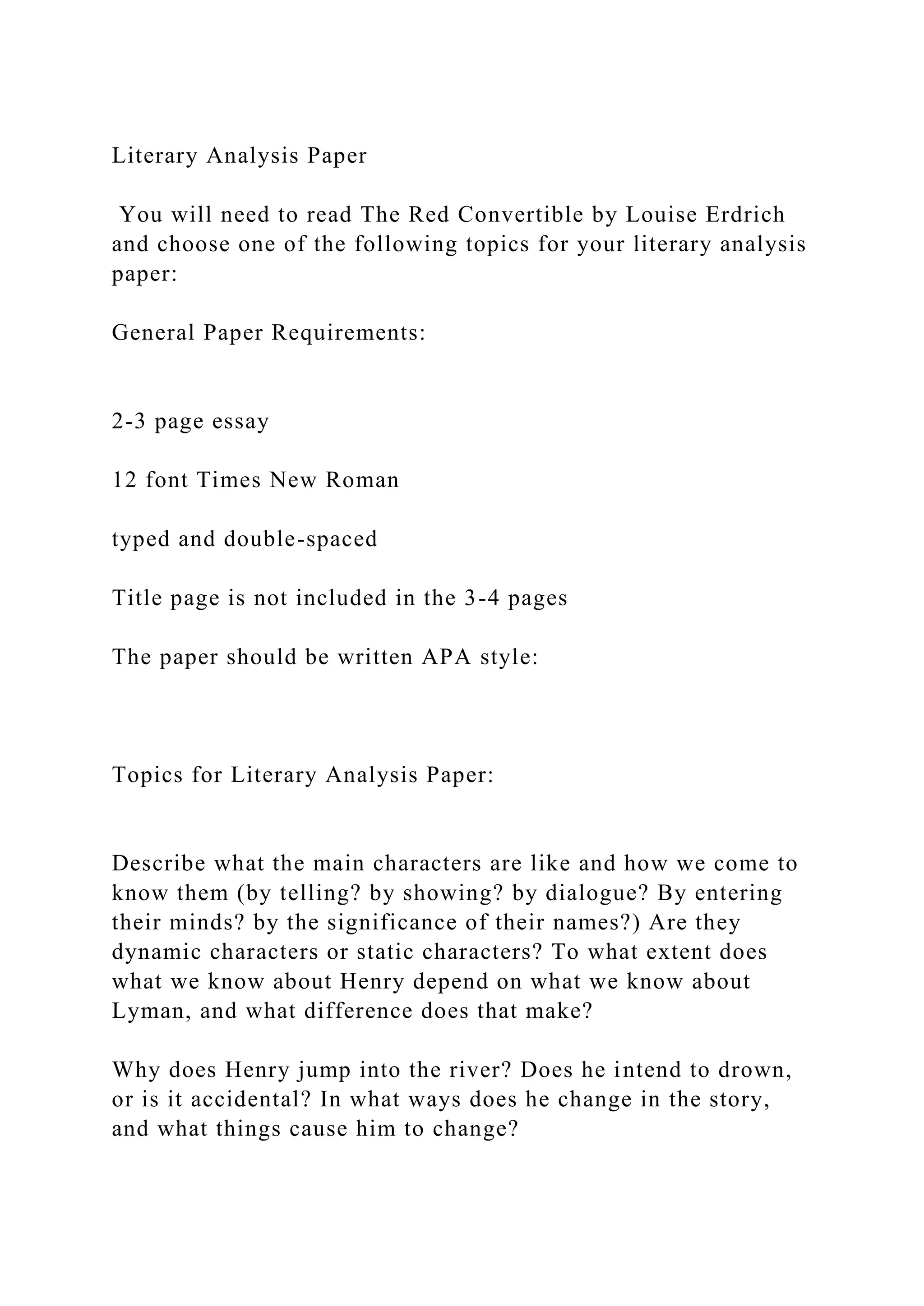 Literary Analysis Paper You will need to read The Red Convertibl.docx ...