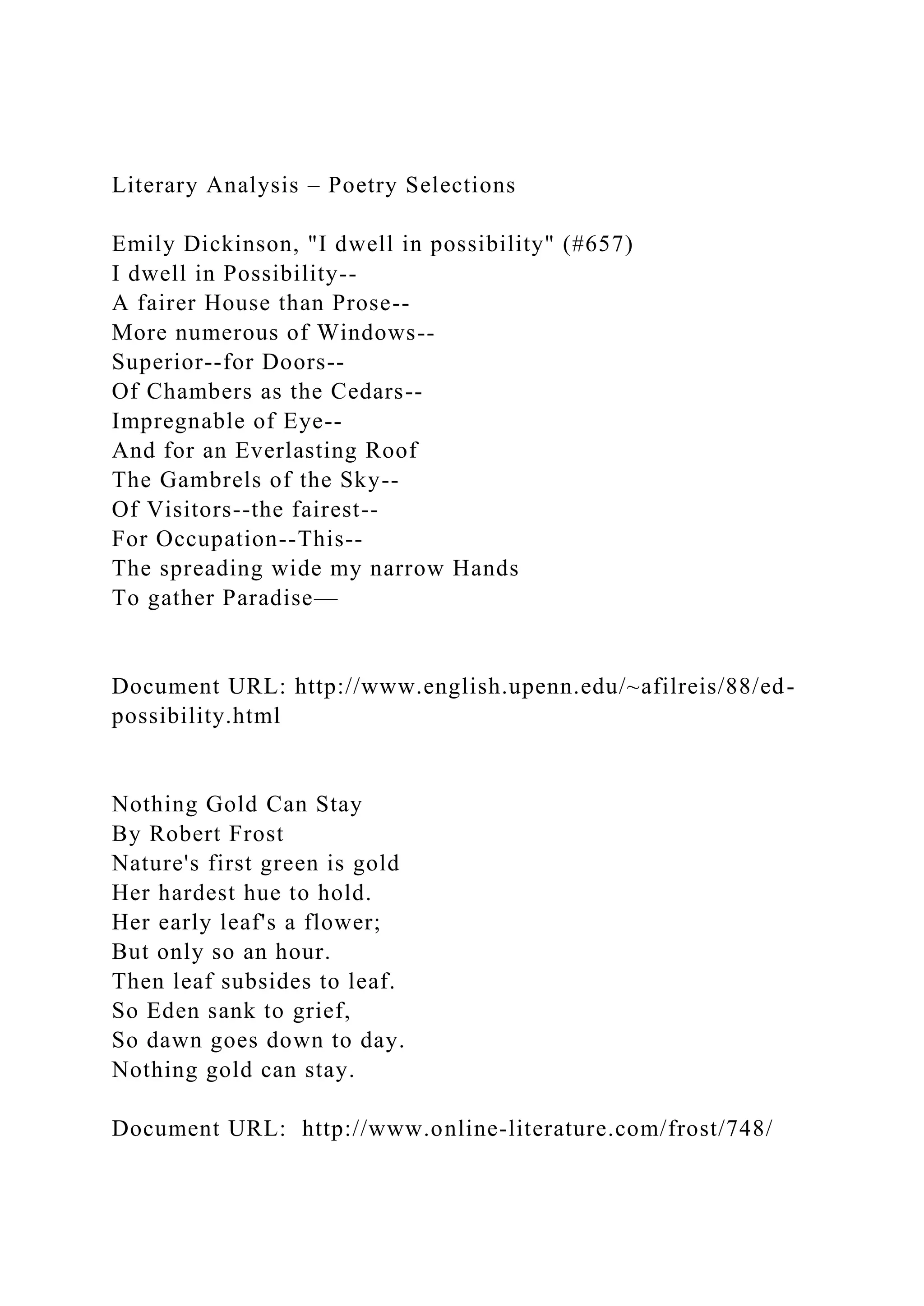 Literary Analysis – Poetry SelectionsEmily Dickinson, I dwell.docx ...