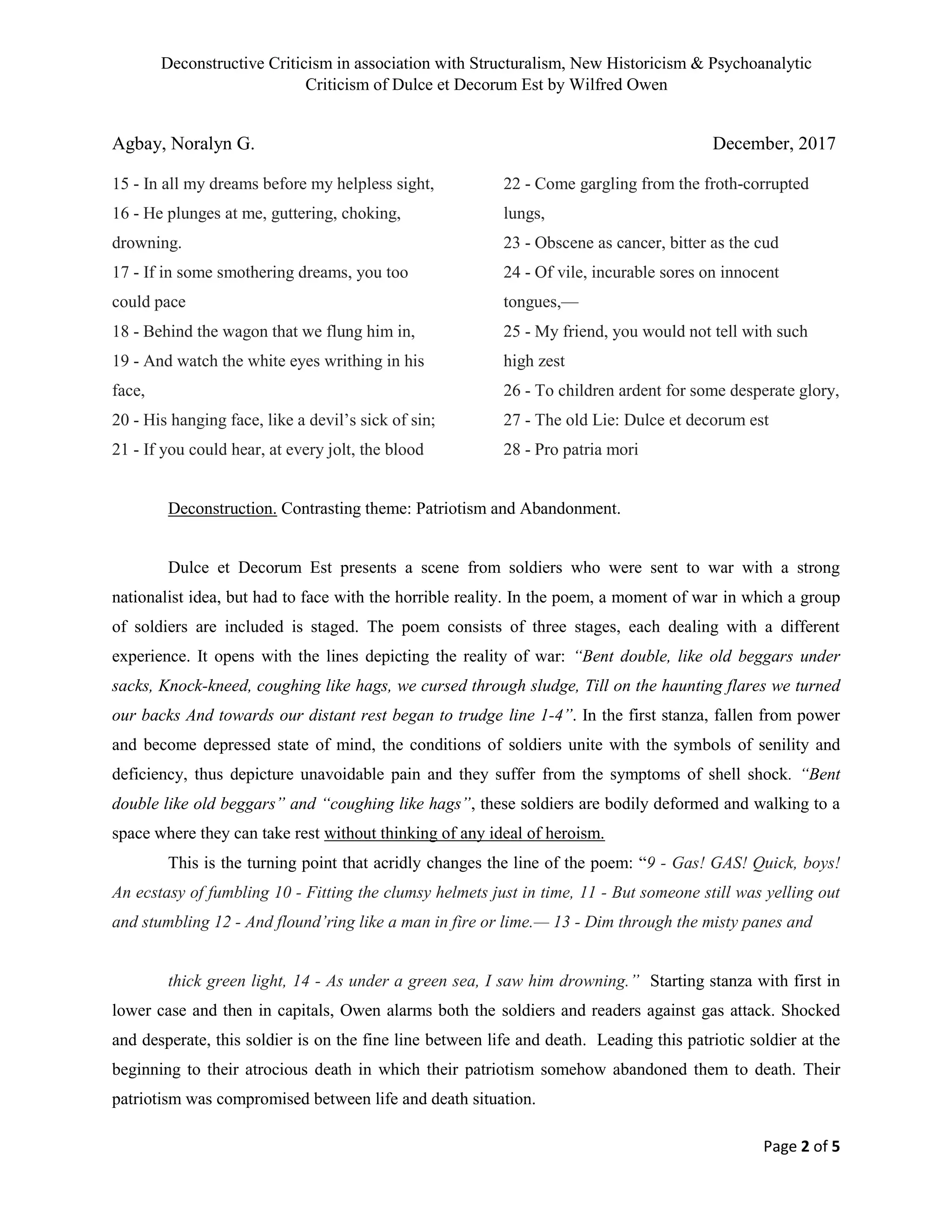 Literary criticism dulce et decorum est by wilfred owen | PDF