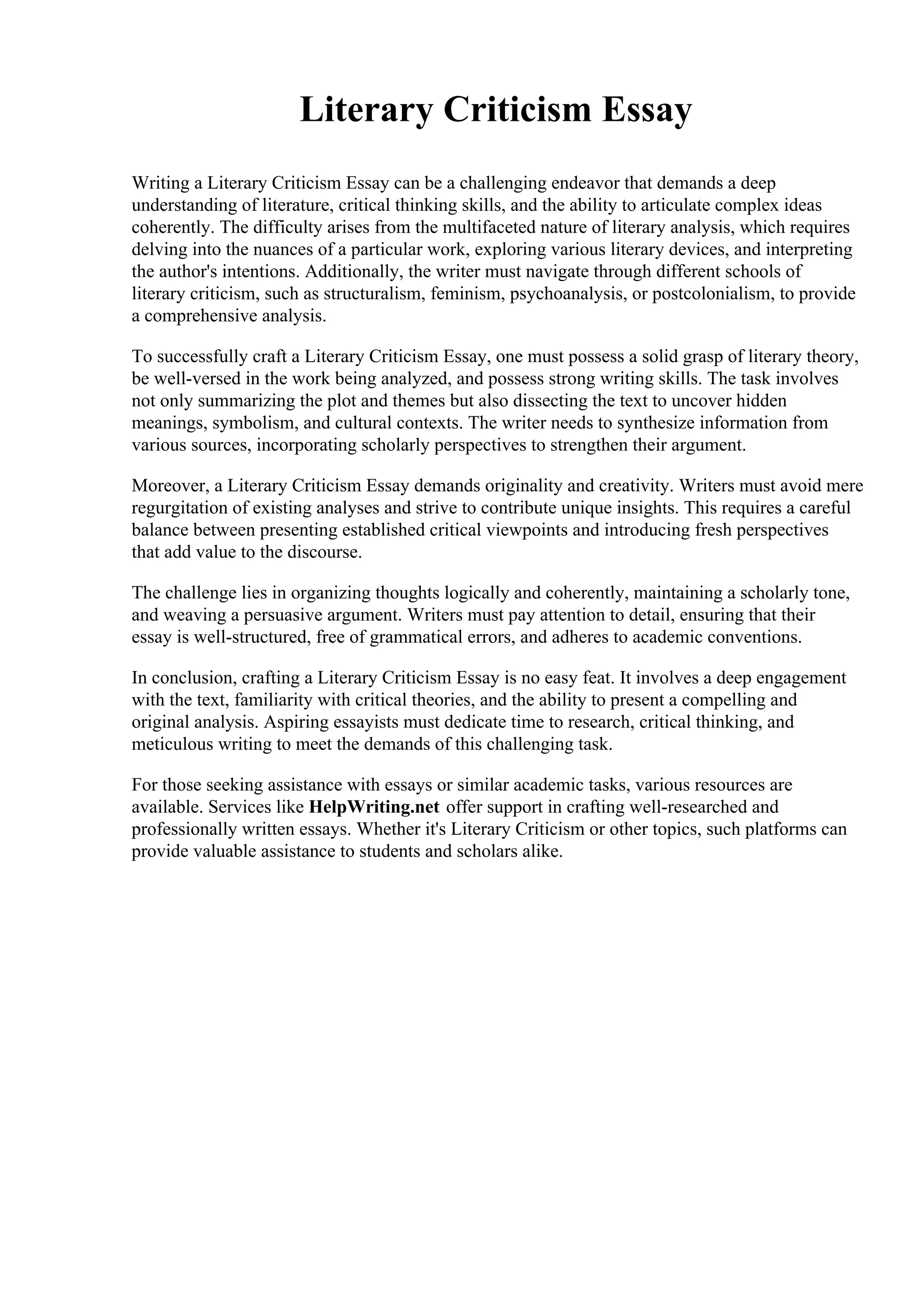 Literary Criticism Essay. University of Dayton | PDF