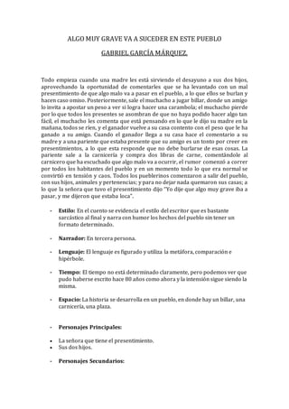 Analisis Literario: ALGO MUY GRAVE VA A SUCEDER EN ESTE PUEBLO. | DOCX