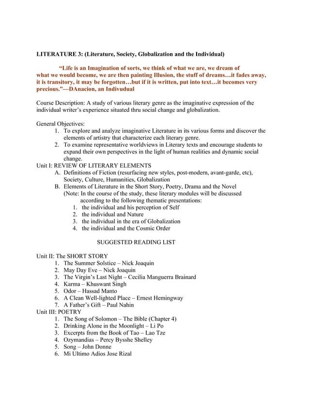 Literature 3 syllabus | PDF