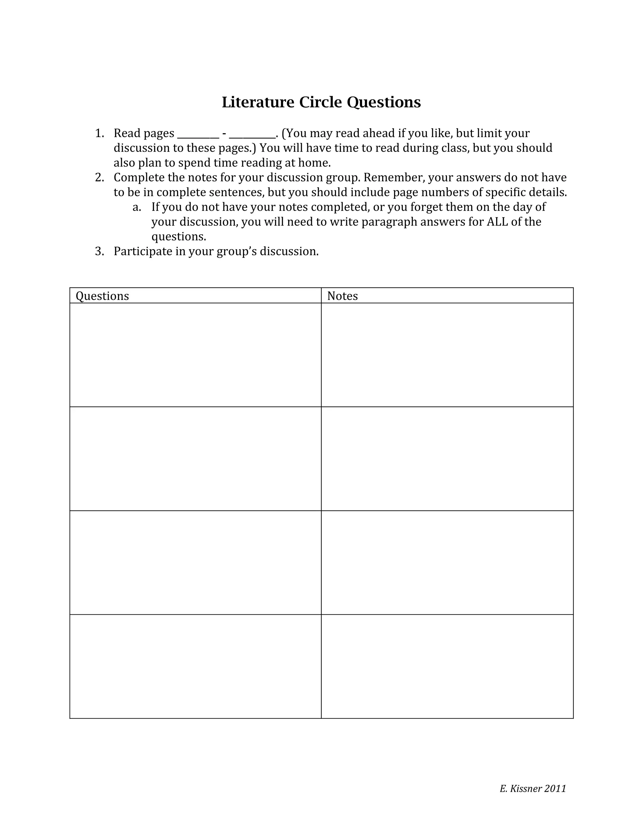 Literature circle materials | DOC