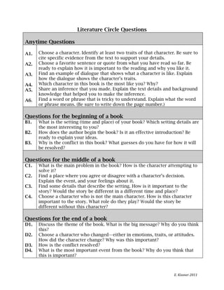 Literature circle materials | DOC | Homework and Study | Education