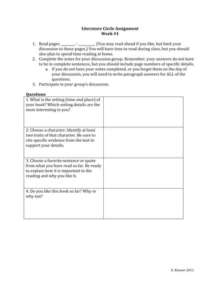 Literature circle materials | DOC | Homework and Study | Education