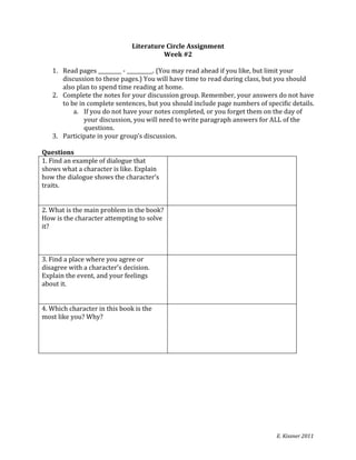 Literature circle materials | DOC | Homework and Study | Education
