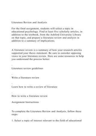 Literature Review and AnalysisFor the final assignment, stud.docx