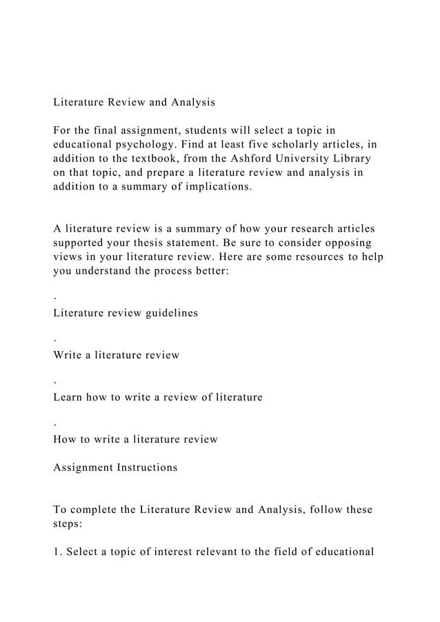Literature Review and AnalysisFor the final assignment, stud.docx
