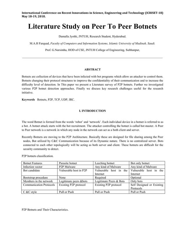 Literature survey on peer to peer botnets | PDF