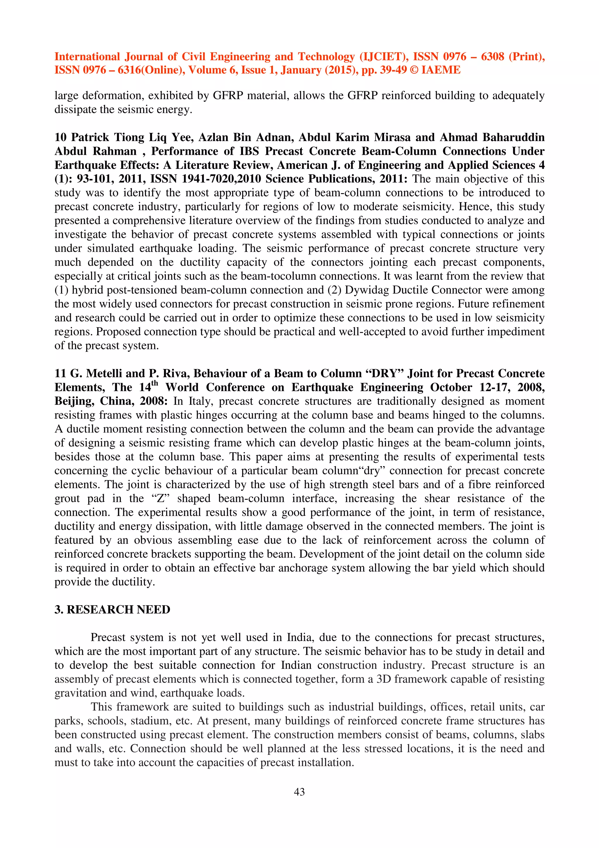 Literature work study of precast concrete connections in seismic | PDF