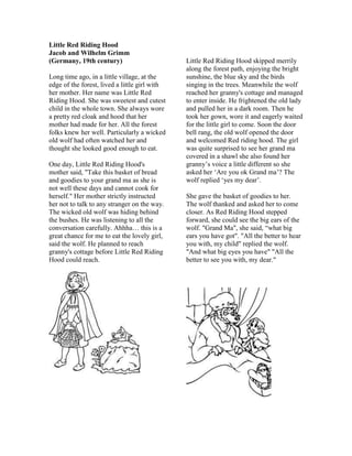 Original Little Red Riding Hood Story