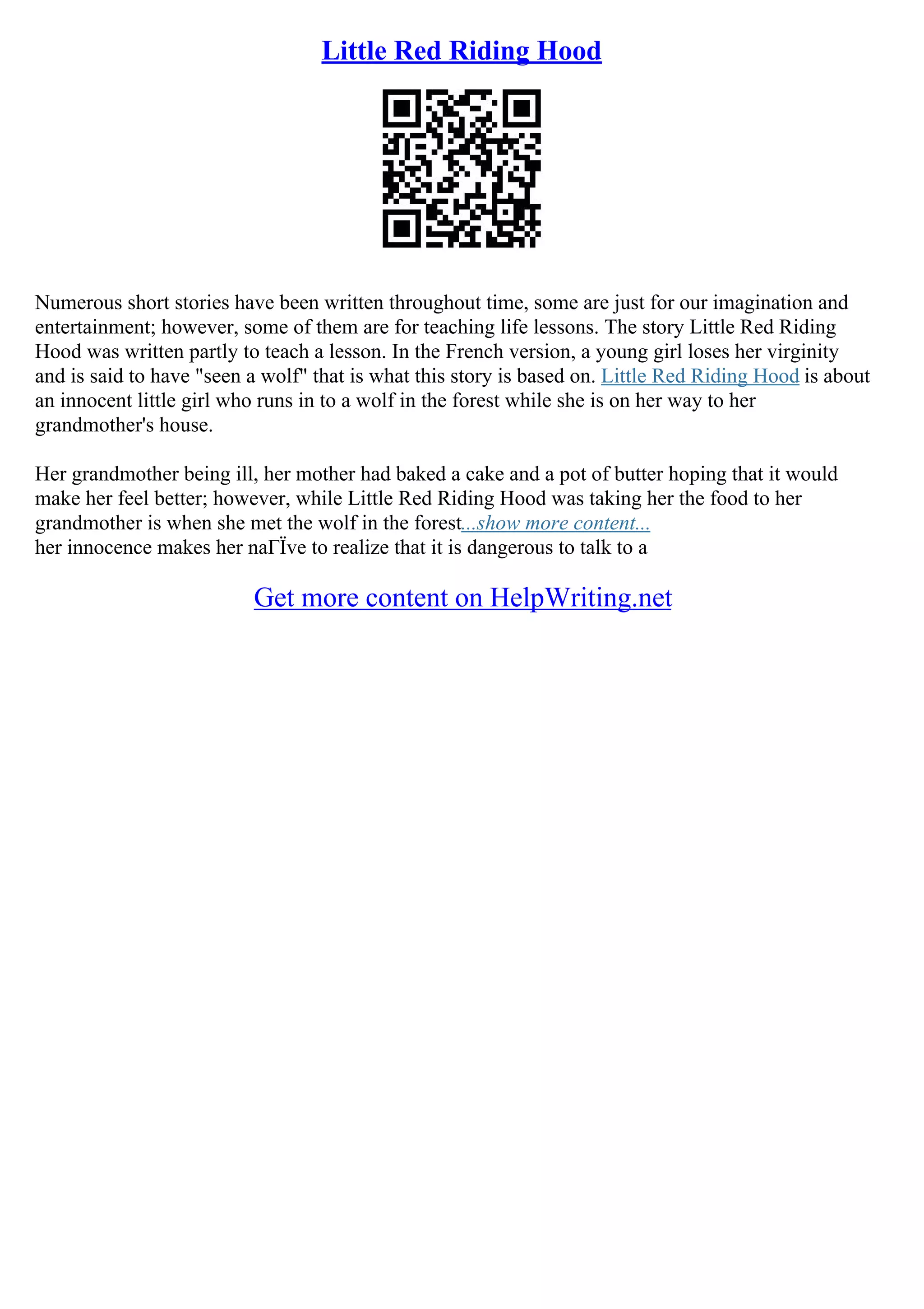 Little Red Riding Hood Essay | PDF