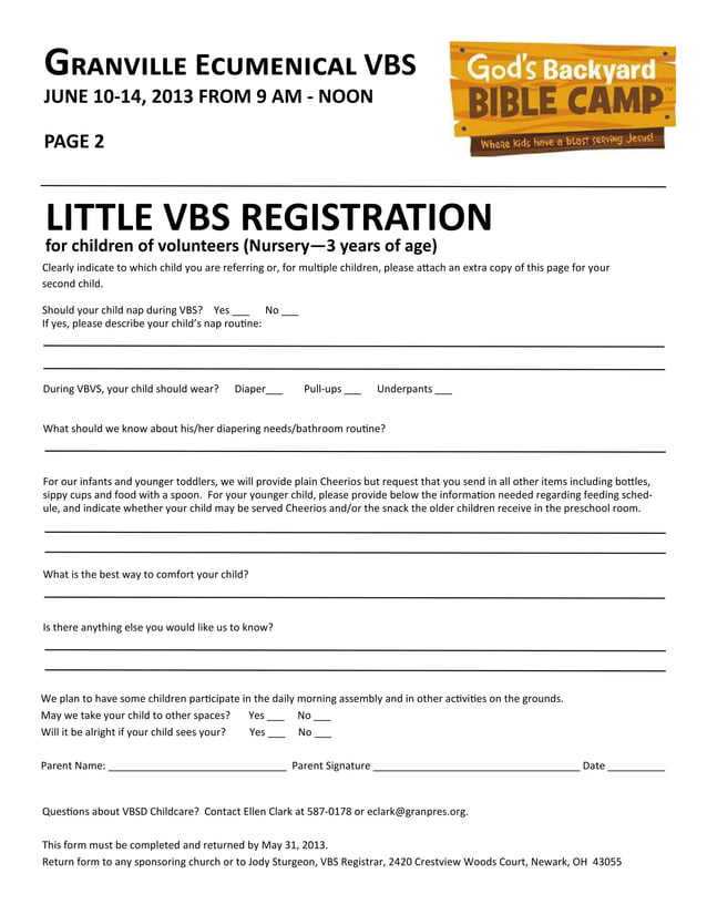 Little vbs registration forms 2013 | PDF