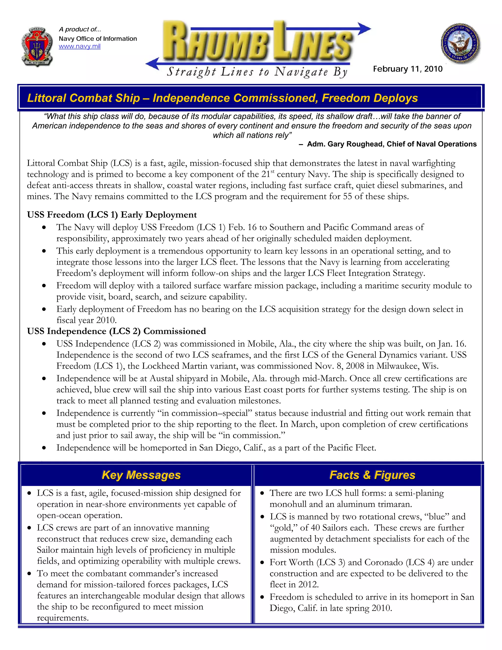 Littoral Combat Ship Independence Commissioned Freedom Deploys 11 Feb 10[1] | PDF