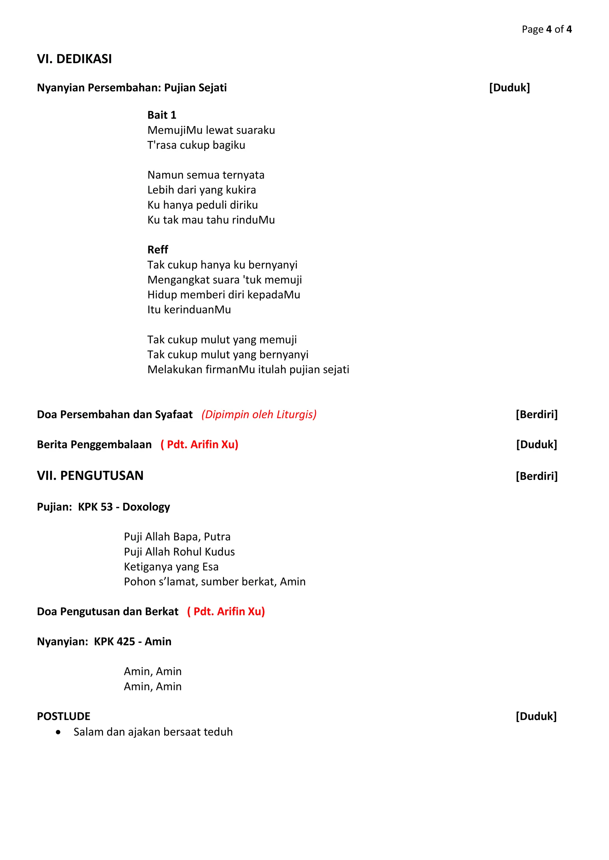 Liturgi KU2 - 02 Febuari 2025 untuk worship leader dan singers | PDF