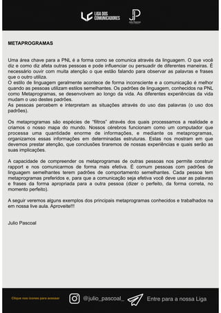 COMPORTAMENTO: POR QUE EU FAÇO O QUE FAÇO (PNL - METAPROGRAMAS) | PDF