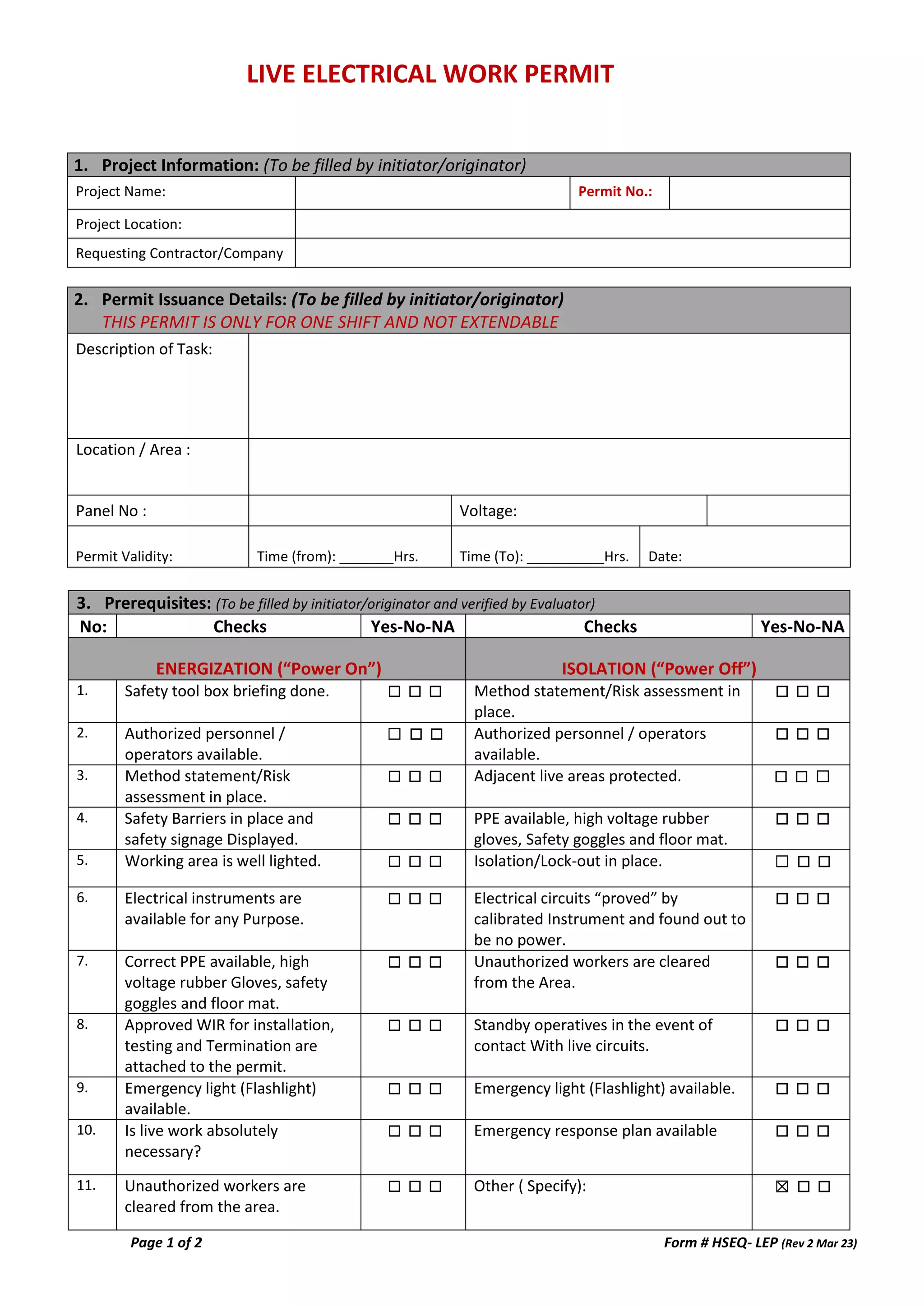 LIVE ELECTRICAL WORK PERMIT Form # HSEQ - LEP Rev 2.docx