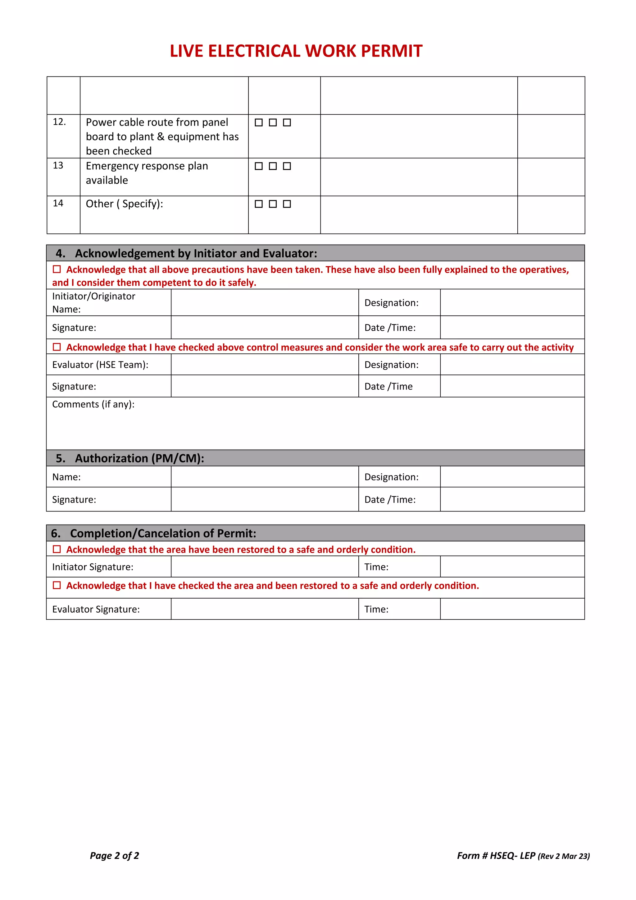 LIVE ELECTRICAL WORK PERMIT Form # HSEQ - LEP Rev 2.docx