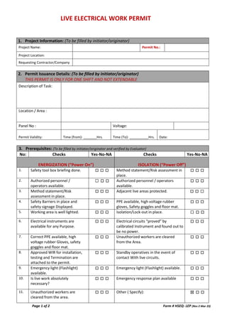LIVE ELECTRICAL WORK PERMIT Form # HSEQ - LEP Rev 2.docx