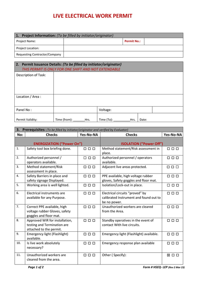 LIVE ELECTRICAL WORK PERMIT Form # HSEQ - LEP Rev 2.docx