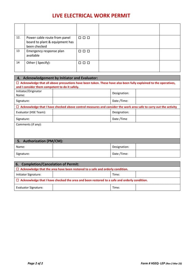 LIVE ELECTRICAL WORK PERMIT Form # HSEQ - LEP Rev 2.docx