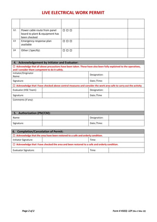 LIVE ELECTRICAL WORK PERMIT Form # HSEQ - LEP Rev 2.docx