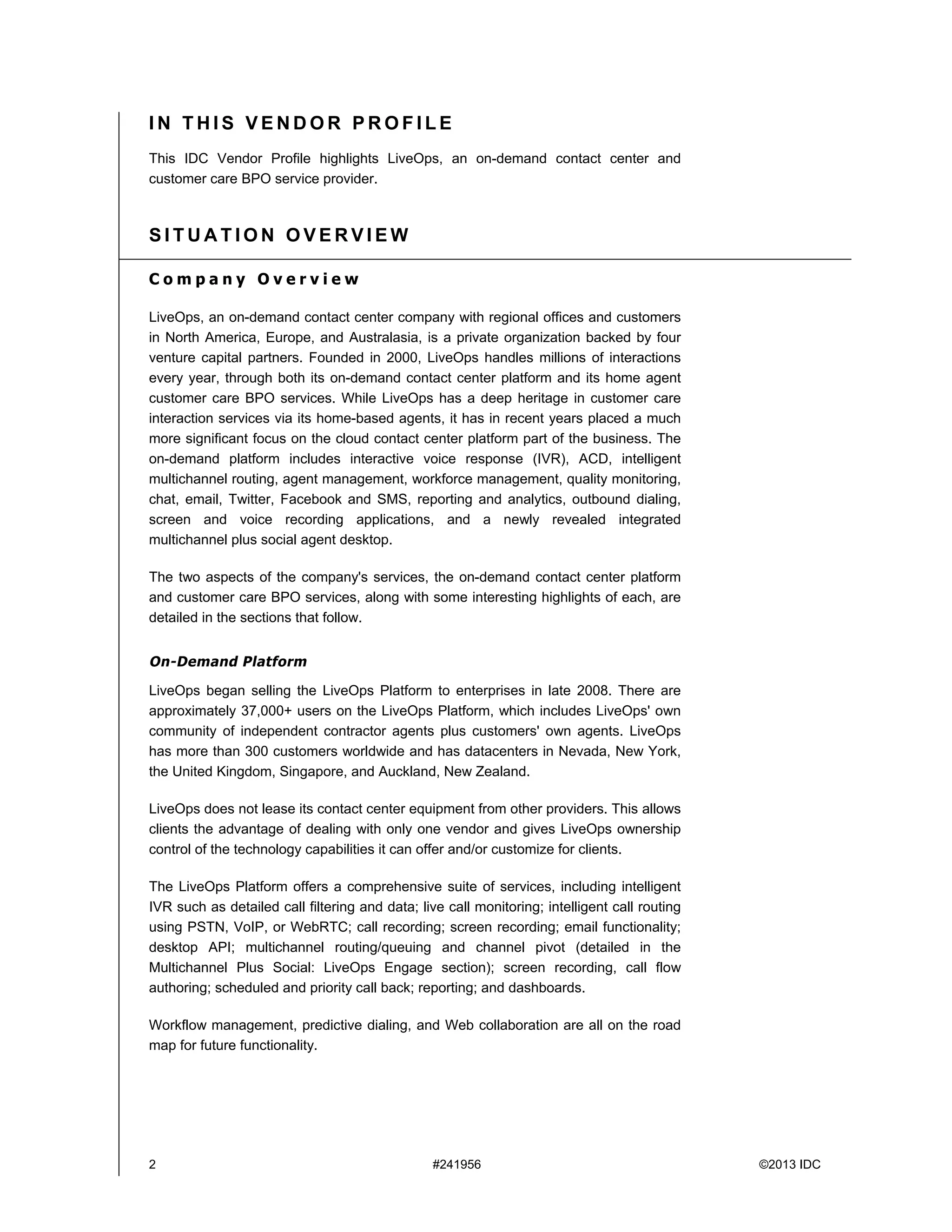 Liveops Vendor Profile - IDC | PDF