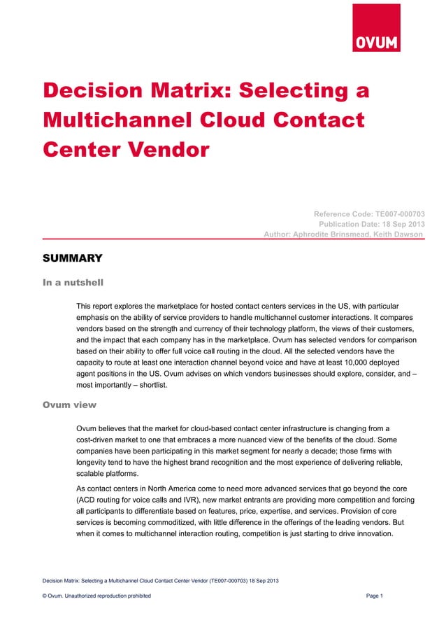 Decision Matrix: Selecting a Multichannel Cloud Contact Center Vendor | PDF
