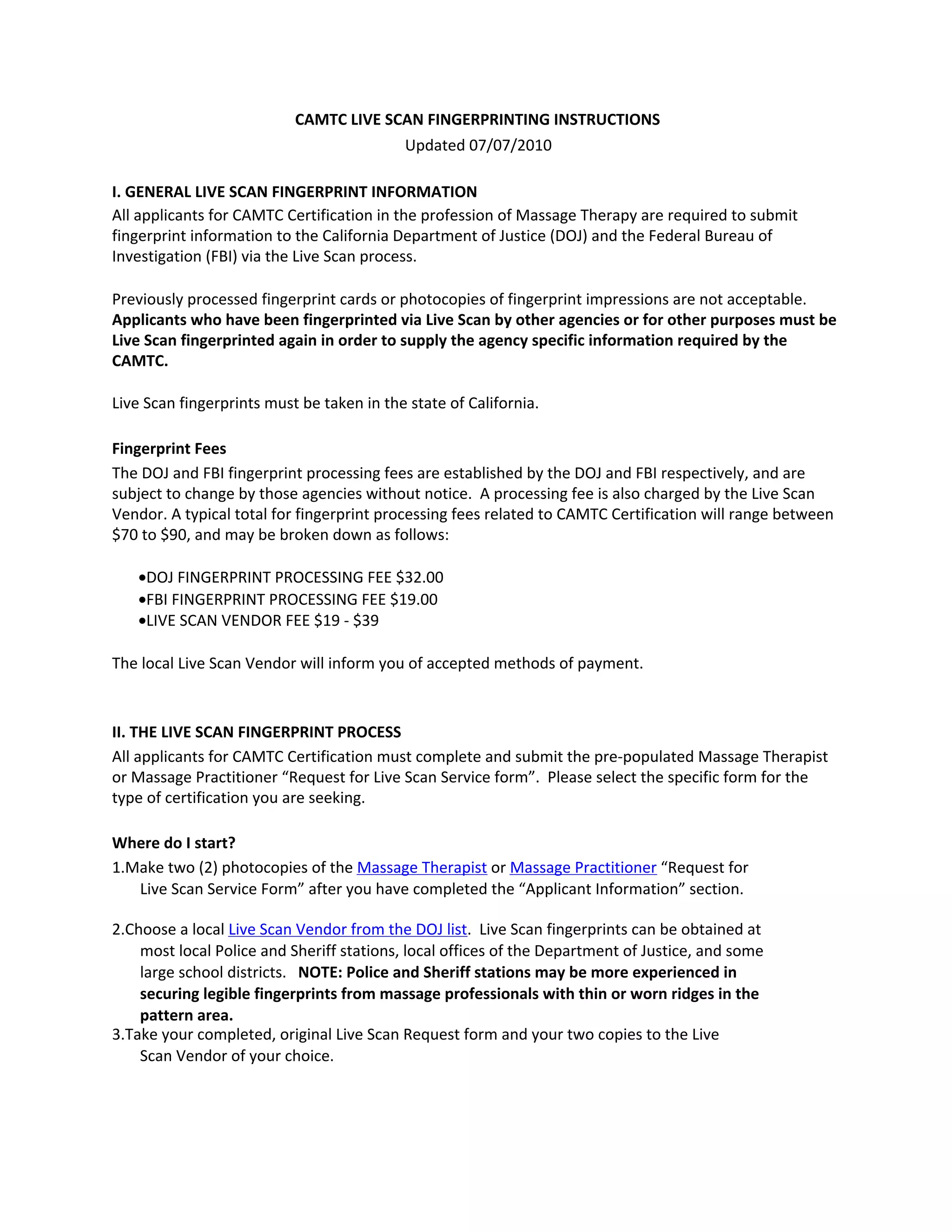 CAMTC Live Scan Finger Printing Instructions | PDF