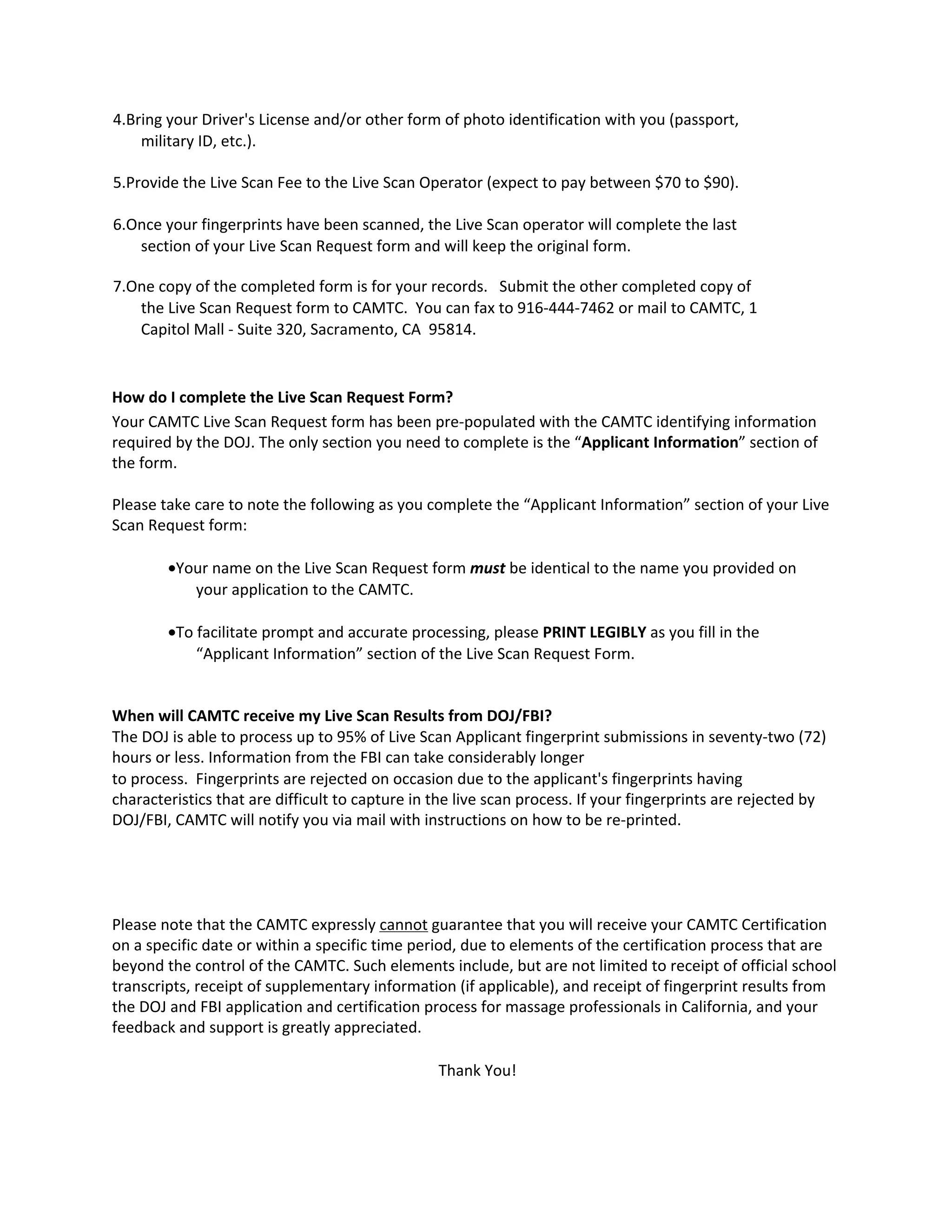 CAMTC Live Scan Finger Printing Instructions | PDF