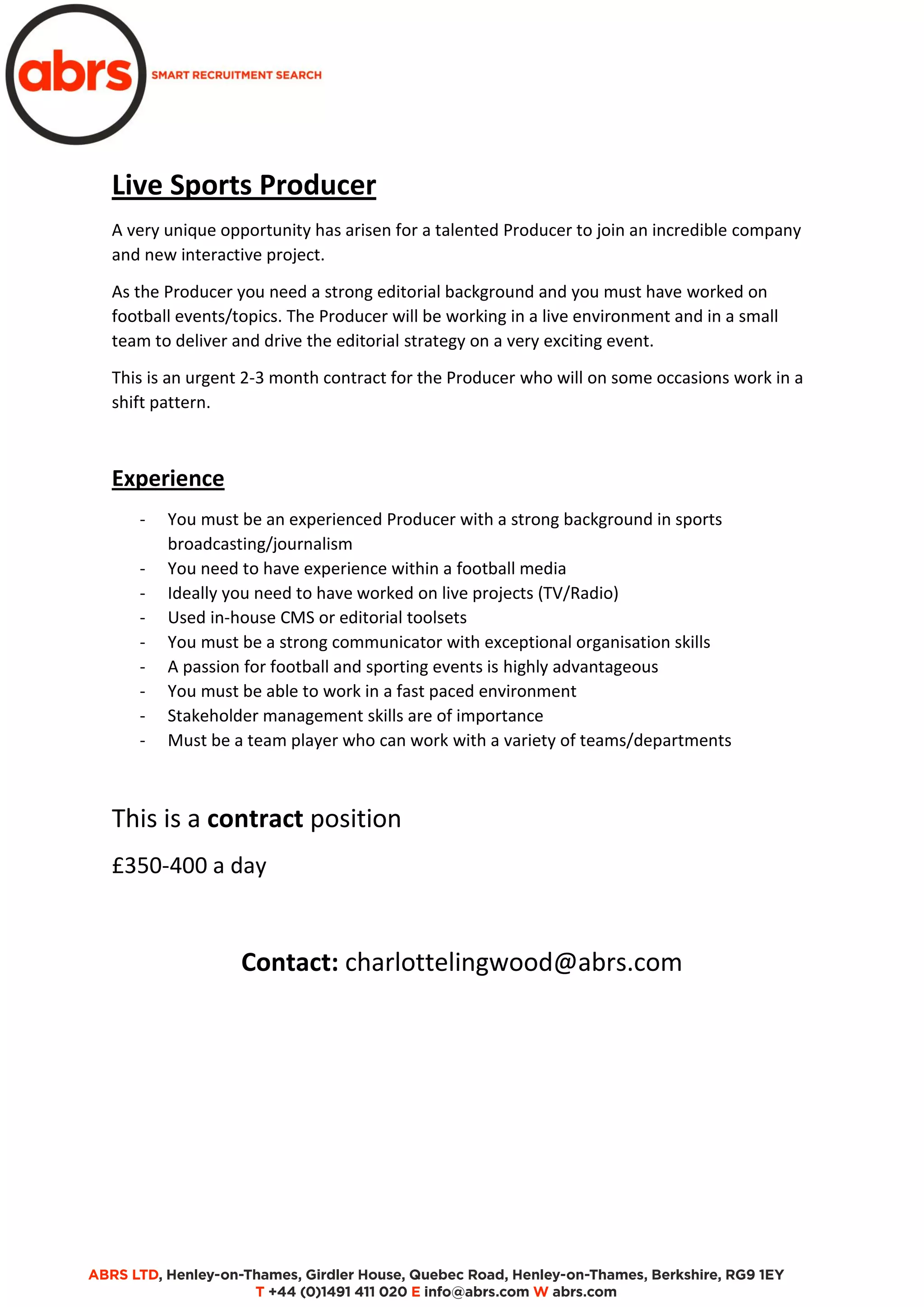 Live Sports Producer - Contract | PDF | Sports