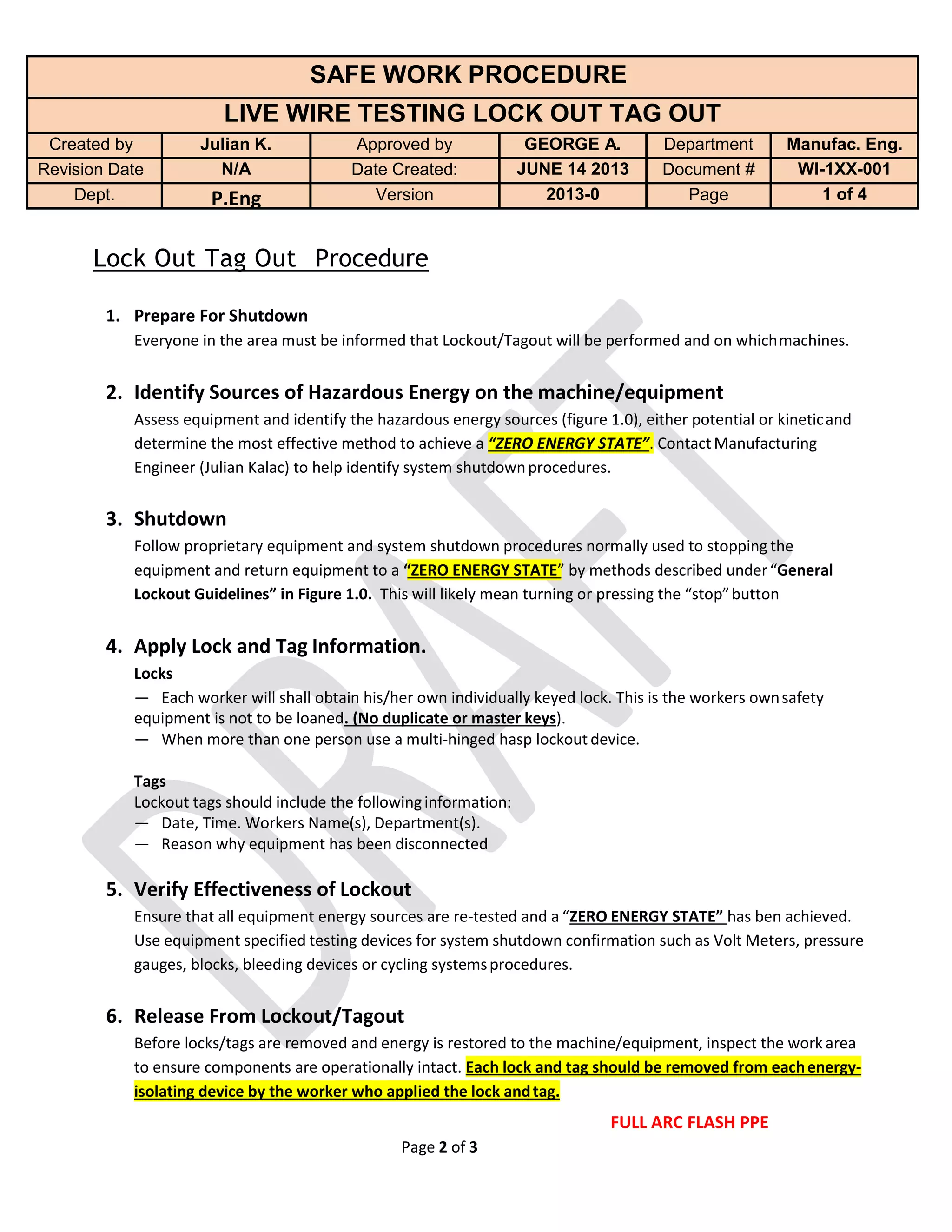 Live wire testing lock out tag out safe work procedure | PDF