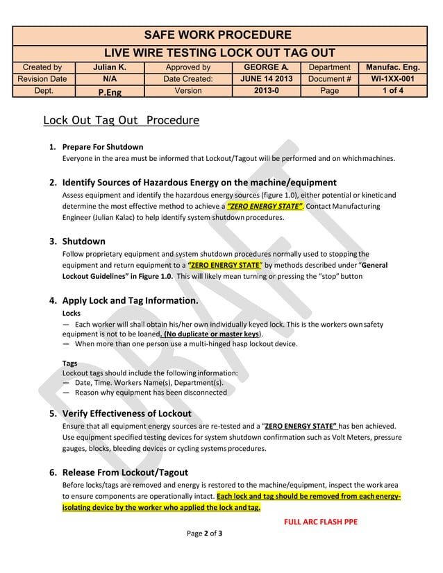 Live wire testing lock out tag out safe work procedure | PDF