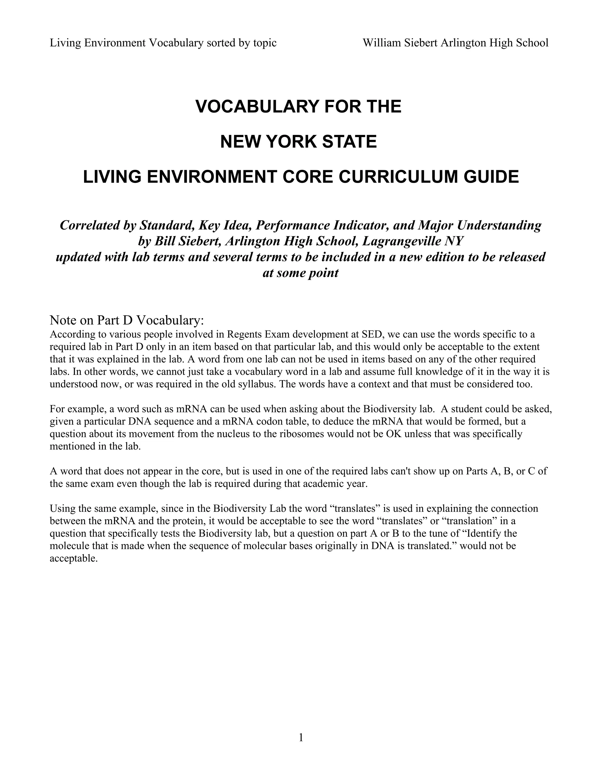 Biology- Regents Review Vocabulary - Topical | DOC