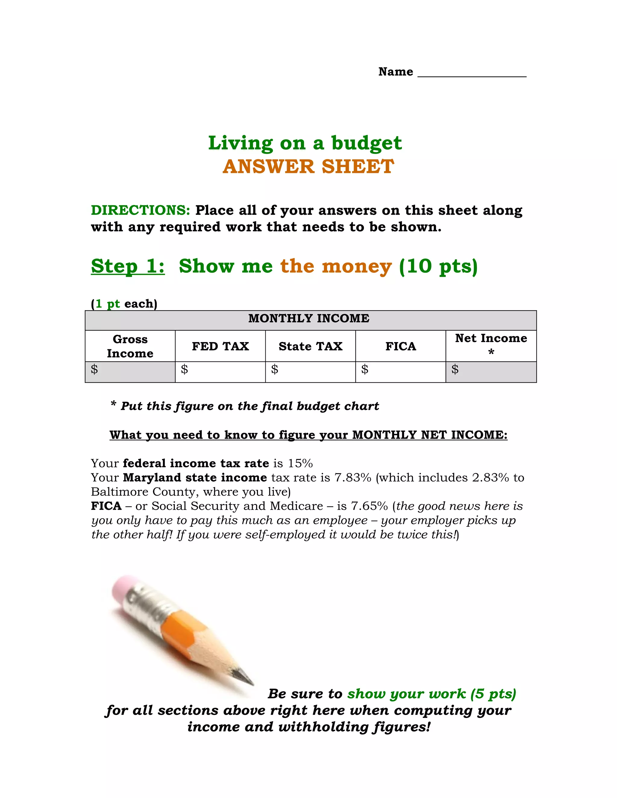 Living on a budget answer sheet | DOC