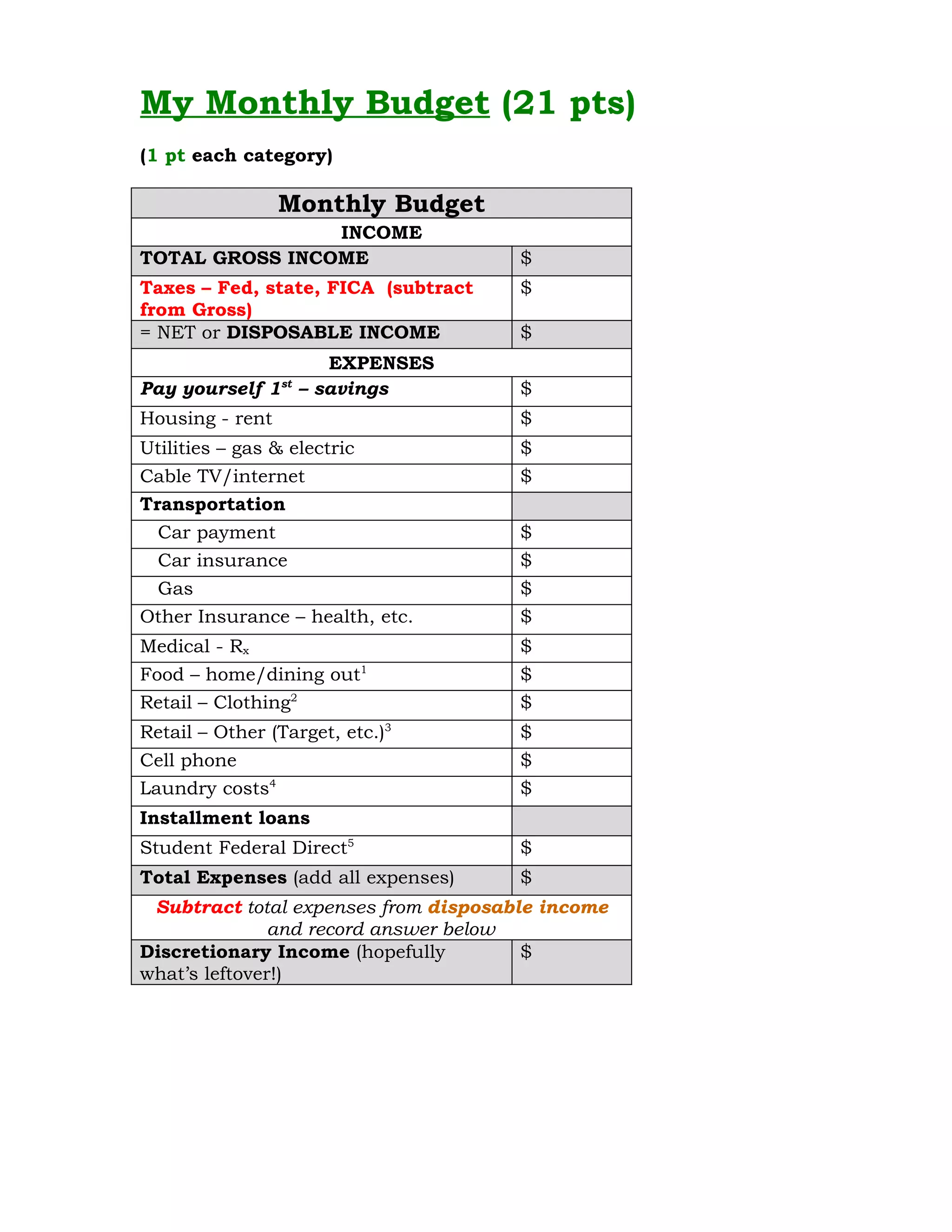 Living on a budget answer sheet | DOC