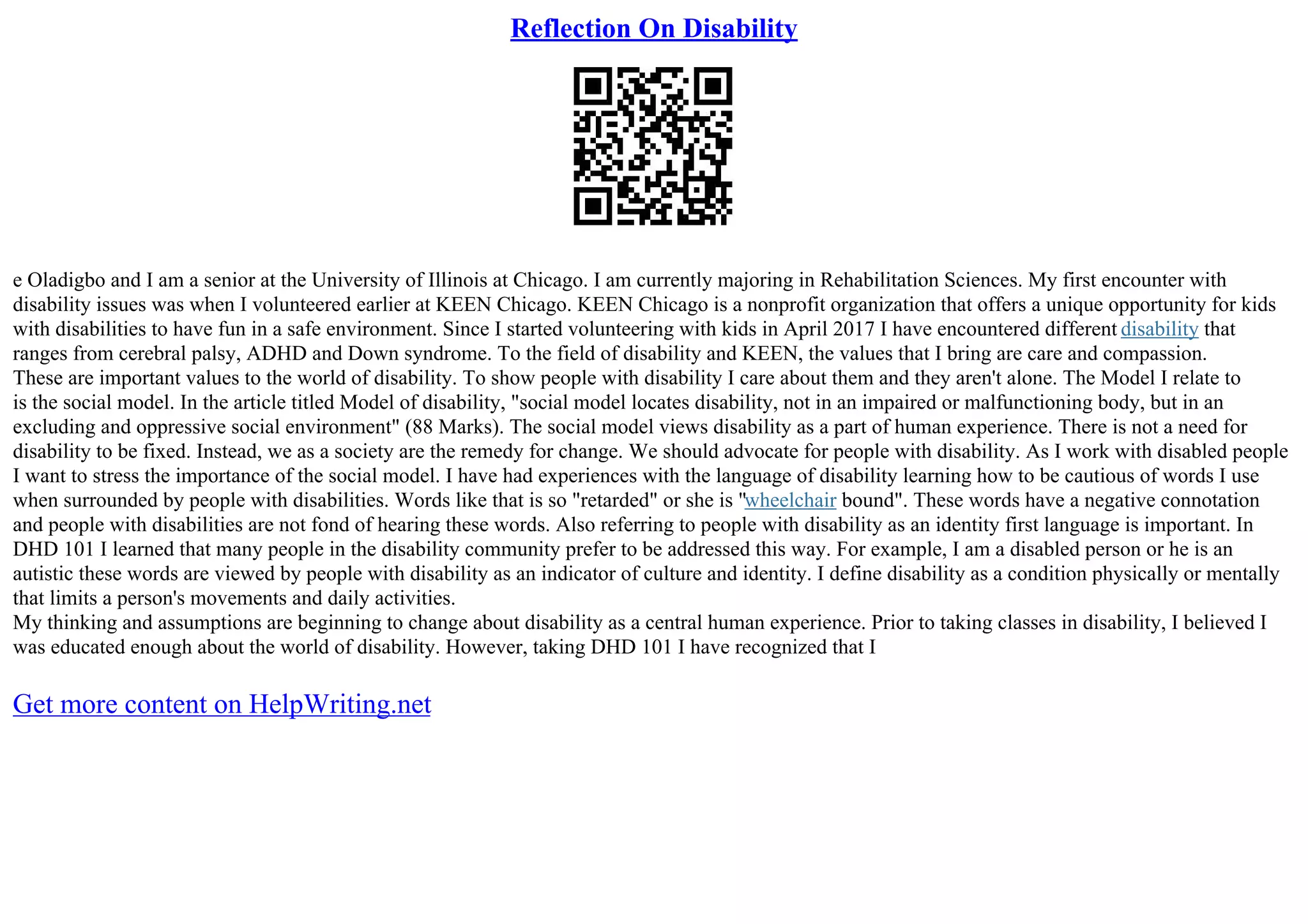 Living With A Disability Essay Example | PDF