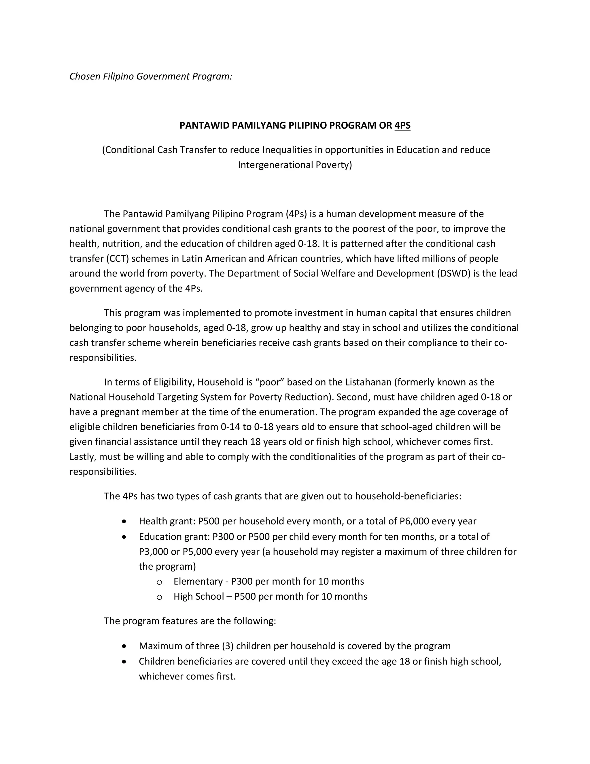PANTAWID PAMILYANG PILIPINO ORPROGRAM OR 4PS | PDF