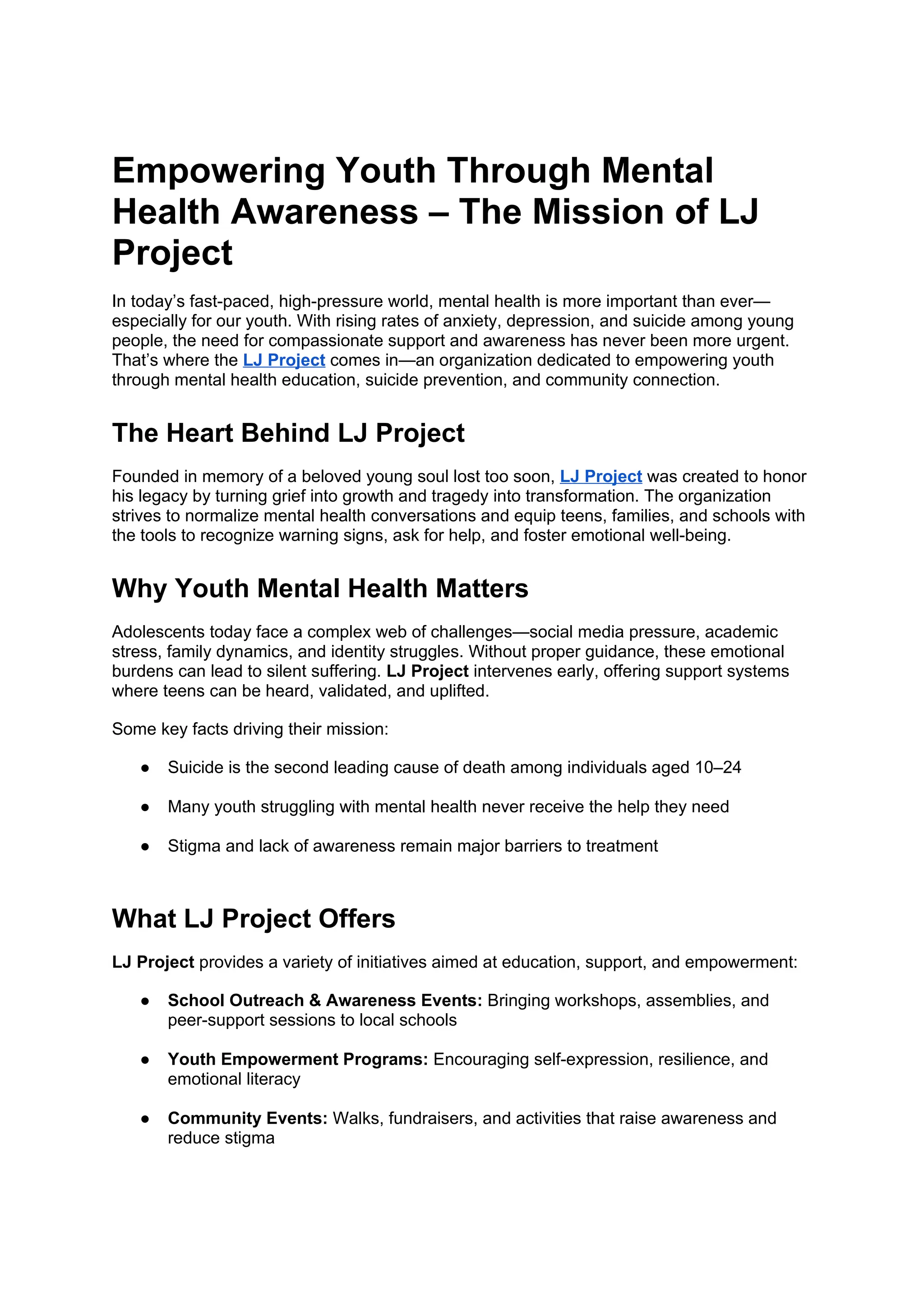 Empowering Youth Through Mental Health Awareness – The Mission of LJ Project | PDF